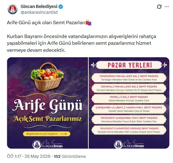Sincan Belediyesi arefe günü açık semt pazarlarını duyurdu - HABER ANKARA